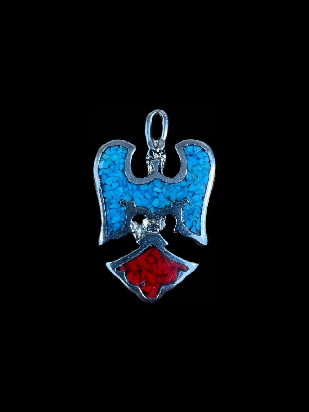 Vintage Sterling Silver Turquoise and Red Coral Chip Inlay Firebird ...
