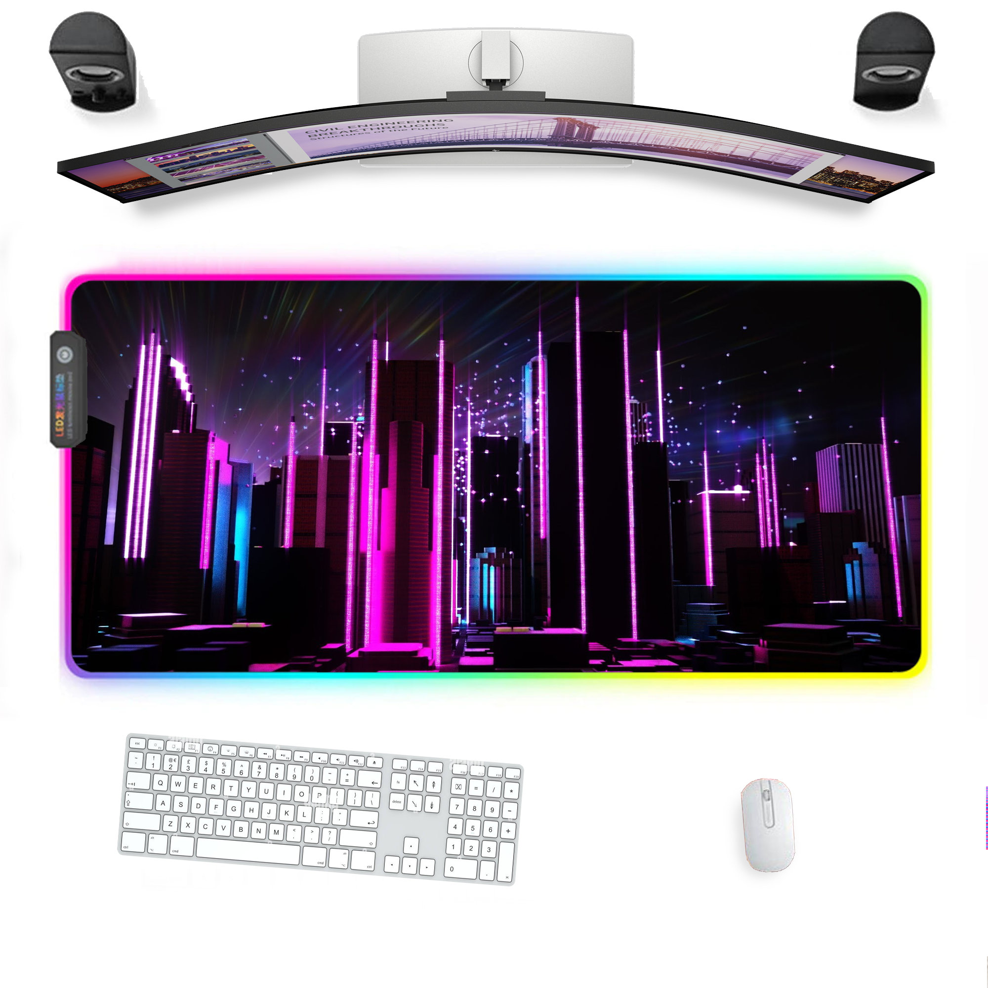 Gamer Desk Pad, Retrowave Synthwave Neon City Art Desk Mat Led RGB