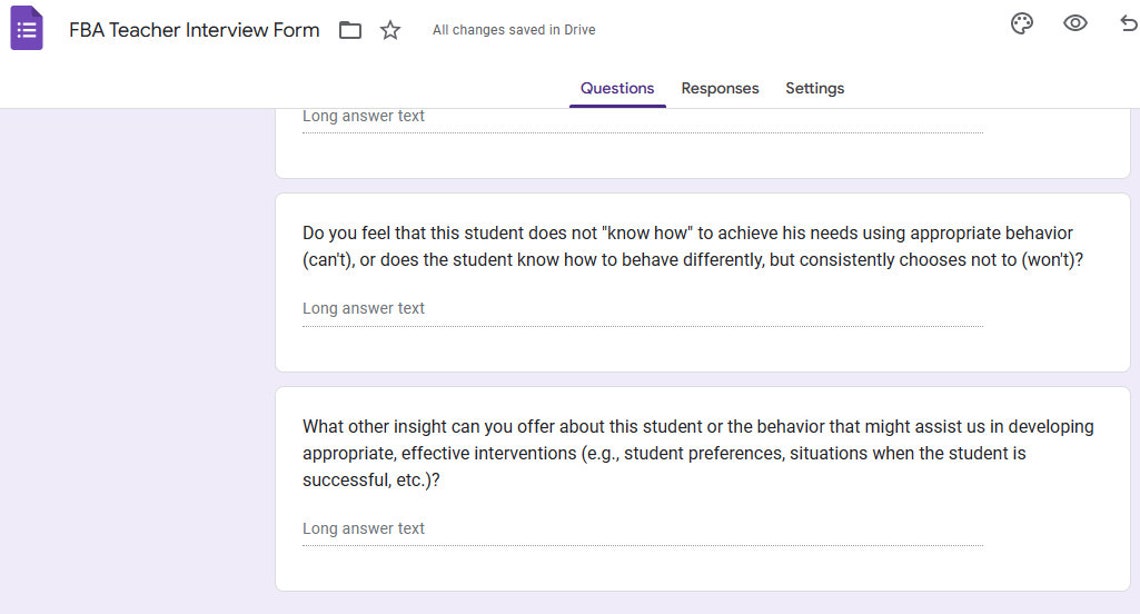 FBA Teacher Interview Google Form, Functional Behavior Assessment ...