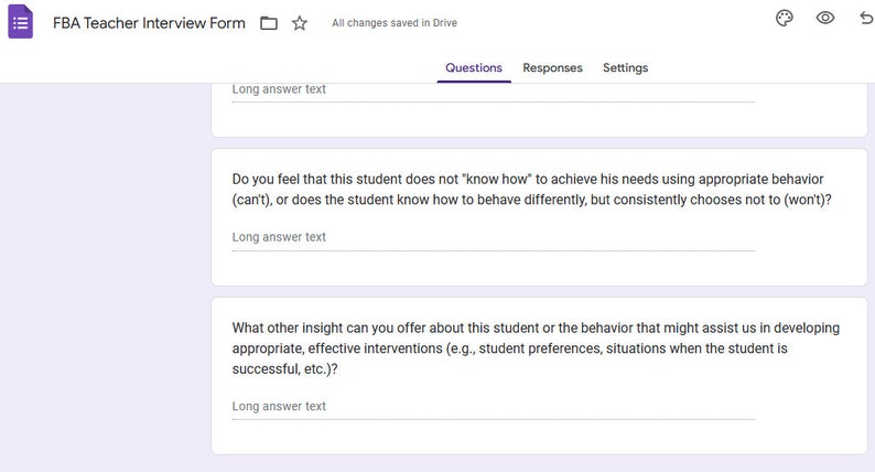 FBA Teacher Interview Google Form, Functional Behavior Assessment ...