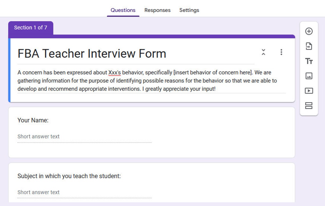 FBA Teacher Interview Google Form, Functional Behavior Assessment ...