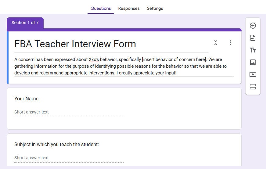 FBA Teacher Interview Google Form, Functional Behavior Assessment ...