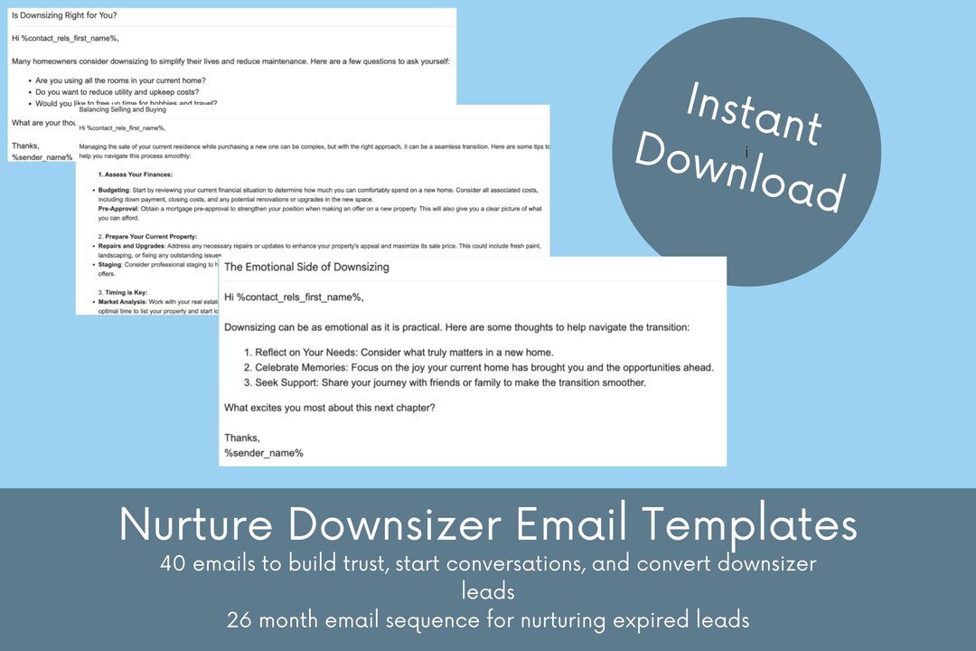 NURTURE Downsizer Email Drip Templates for Real Estate Agents, 40 ...
