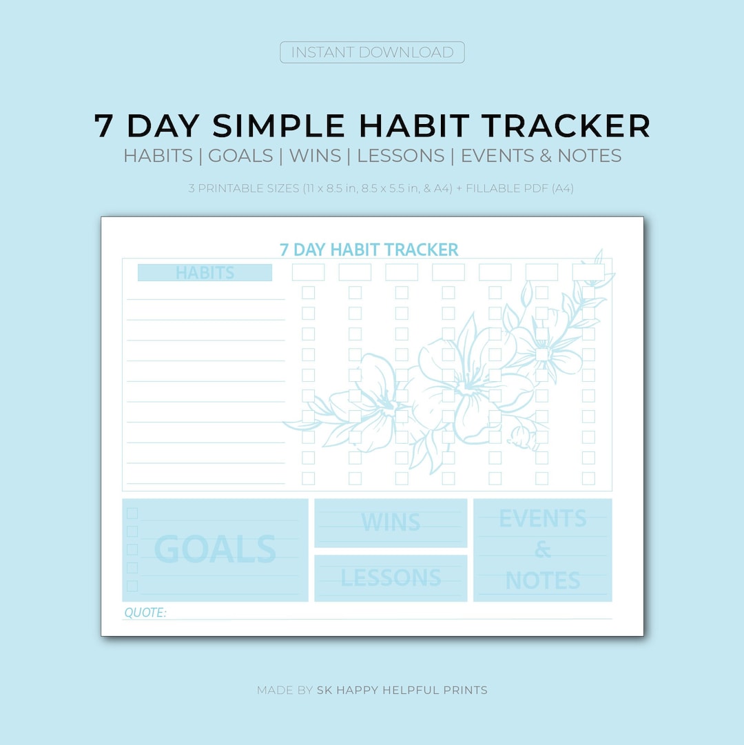7 Day Simple Habit Tracker | Printable Habit Tracker | Instant Download ...