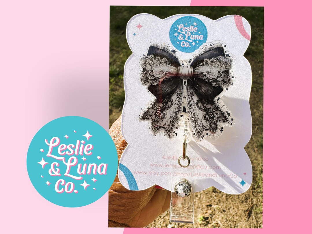 Black & White Lace Bow Badge Reel, Glitter Badge Reel, Retractable ID ...