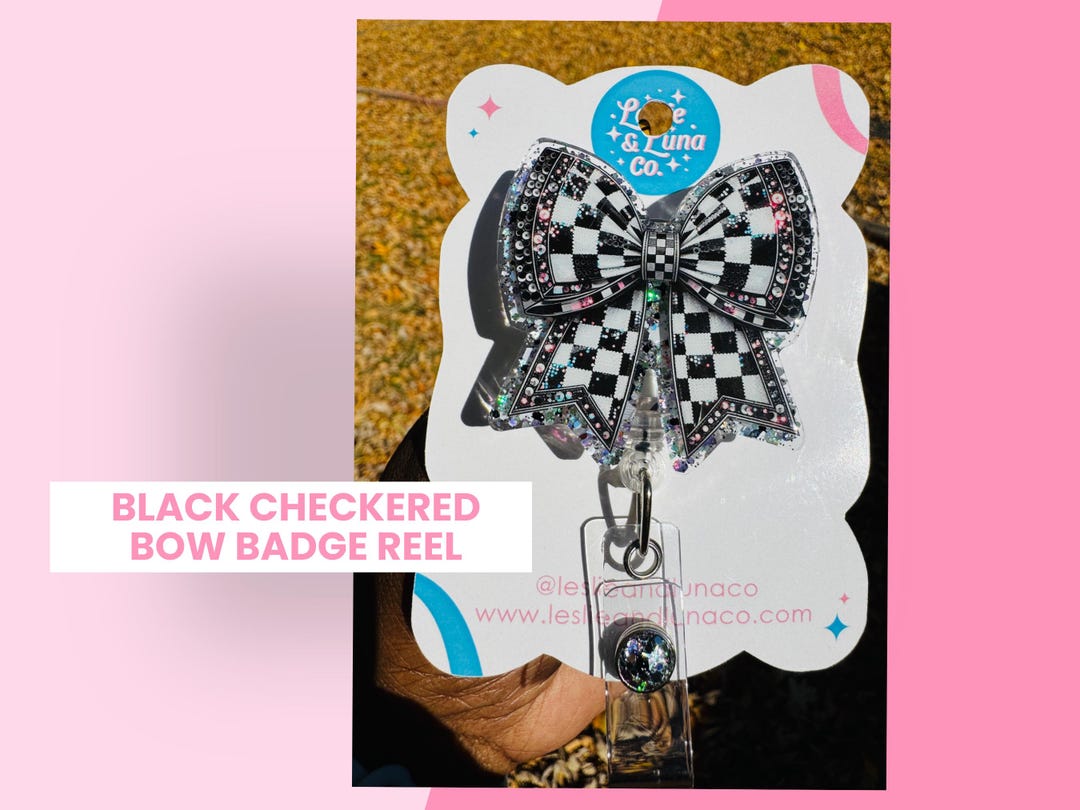 Black Checkered Bow Badge Reel, Glitter Badge Reel, Retractable Badge ...