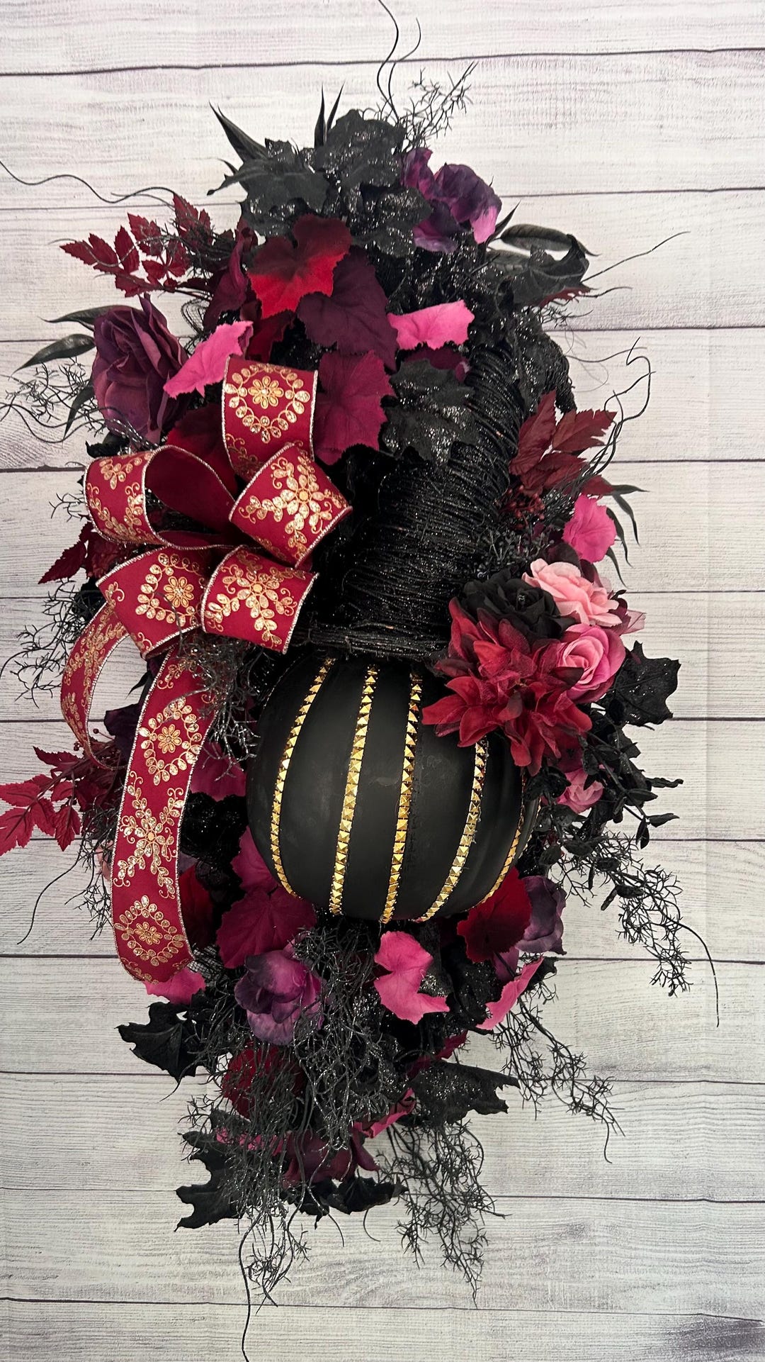 Halloween Swag With Large Witch Hat & Black Pumpkin , Gothic Door Swag ...