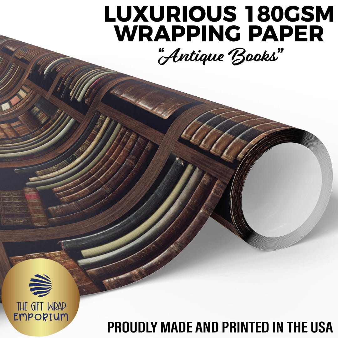 Antique Books Wrapping Paper, Vintage Bookshelf Gift Wrap, Classic ...