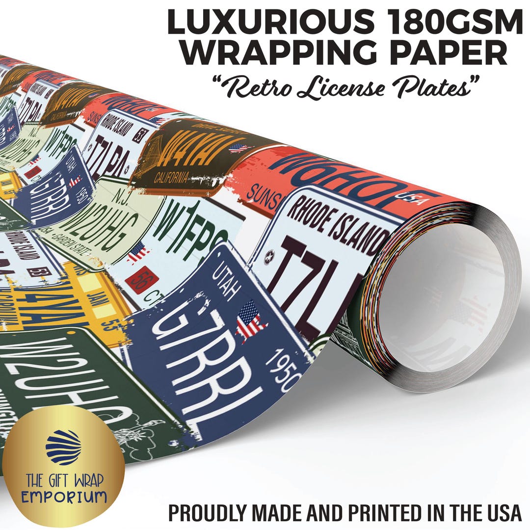 Retro License Plates Wrapping Paper, Vintage License Plates Gift Wrap ...