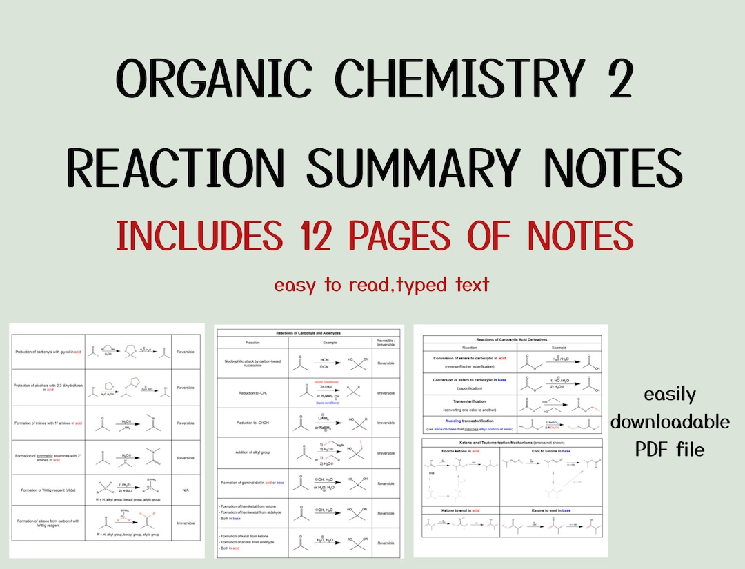 Organic Chemistry 2 Reaction Summary Notes - Etsy