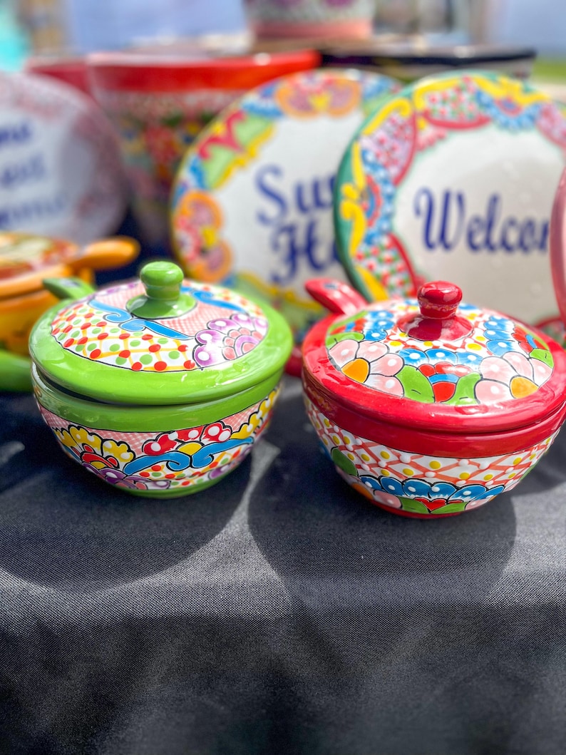 Mexican Pottery Bowl With Spoon Pink Talavera Kitchen Home Decor Salsa ...