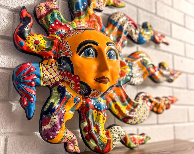 Talavera Sun Face Wind Blown Flames Mexican Talavera Wall Art Outdoor ...
