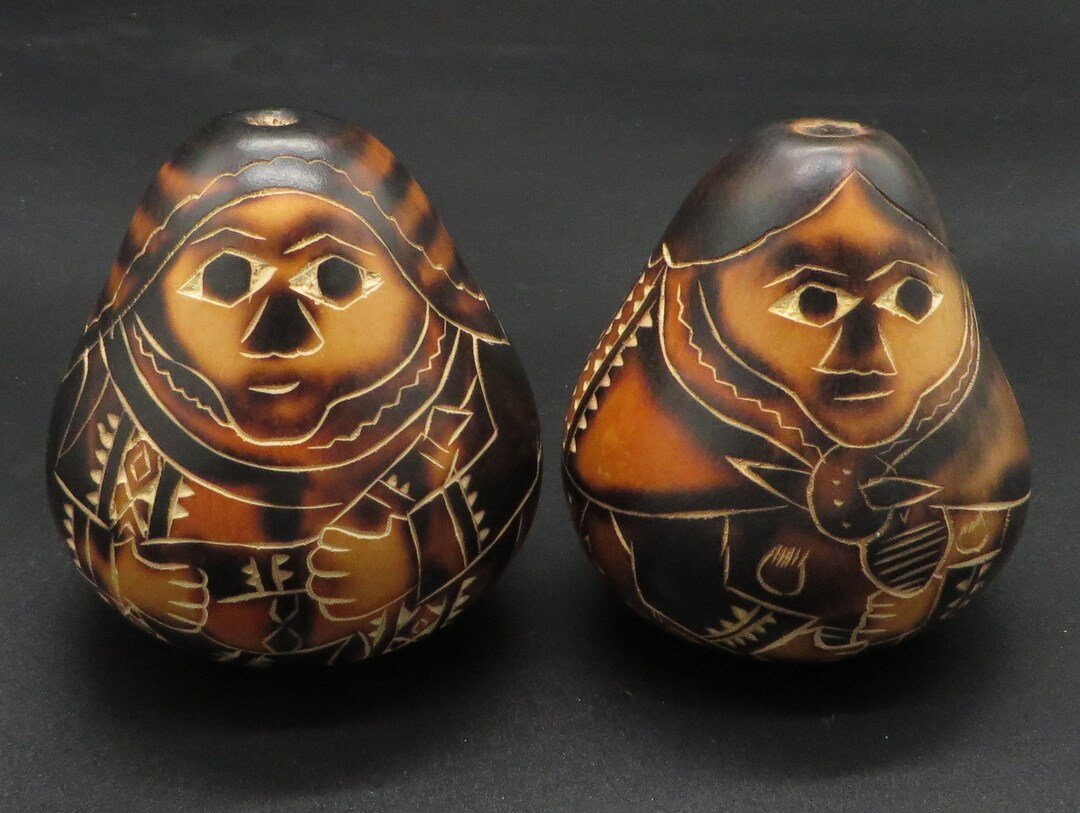 Folk Art Carved Gourds Peruvian Man and Woman Pair Hand Carved Sacred ...