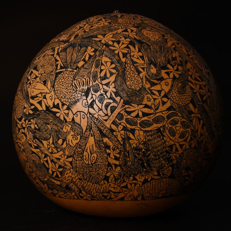 Large Folk Art Carved Gourd Jungle Animals Palm Trees Hand Carved ...
