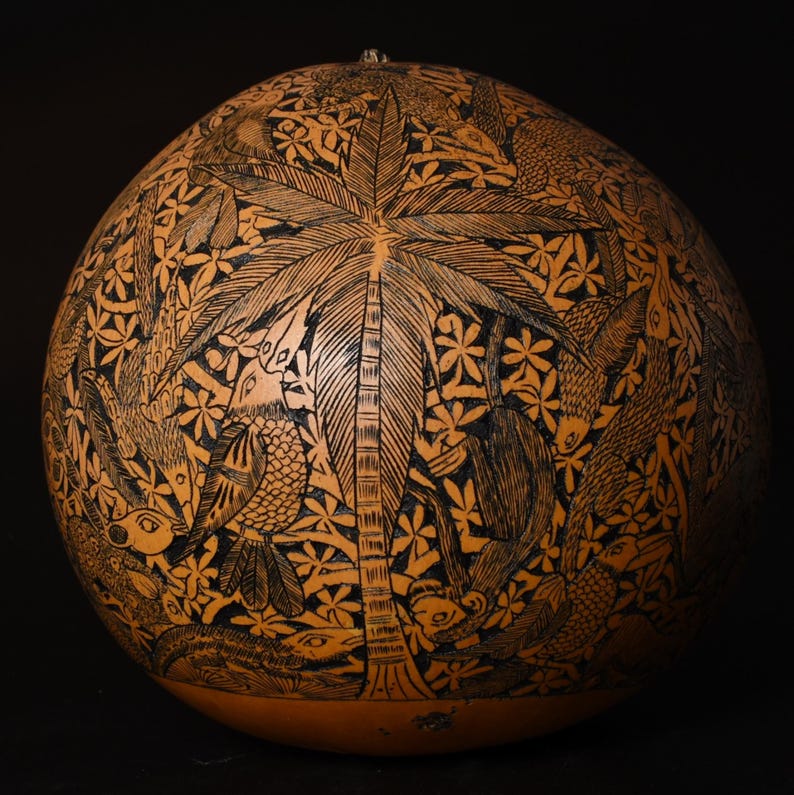 Large Folk Art Carved Gourd Jungle Animals Palm Trees Hand Carved ...