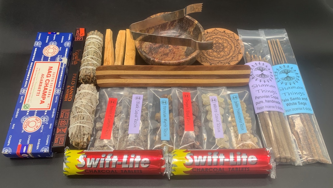 Deluxe Incense and Smudge Gift Box Kit Resin Incense, Charcoal, Sage ...