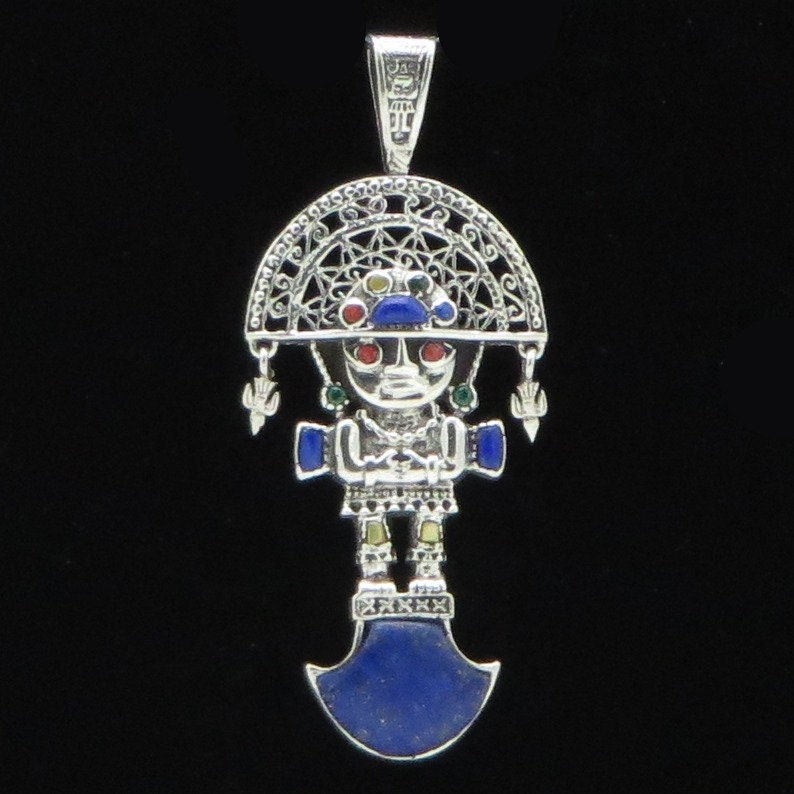 Inca Tumi Pendant Peru 950 Silver and Lapis Inlay Sacred Valley - Etsy