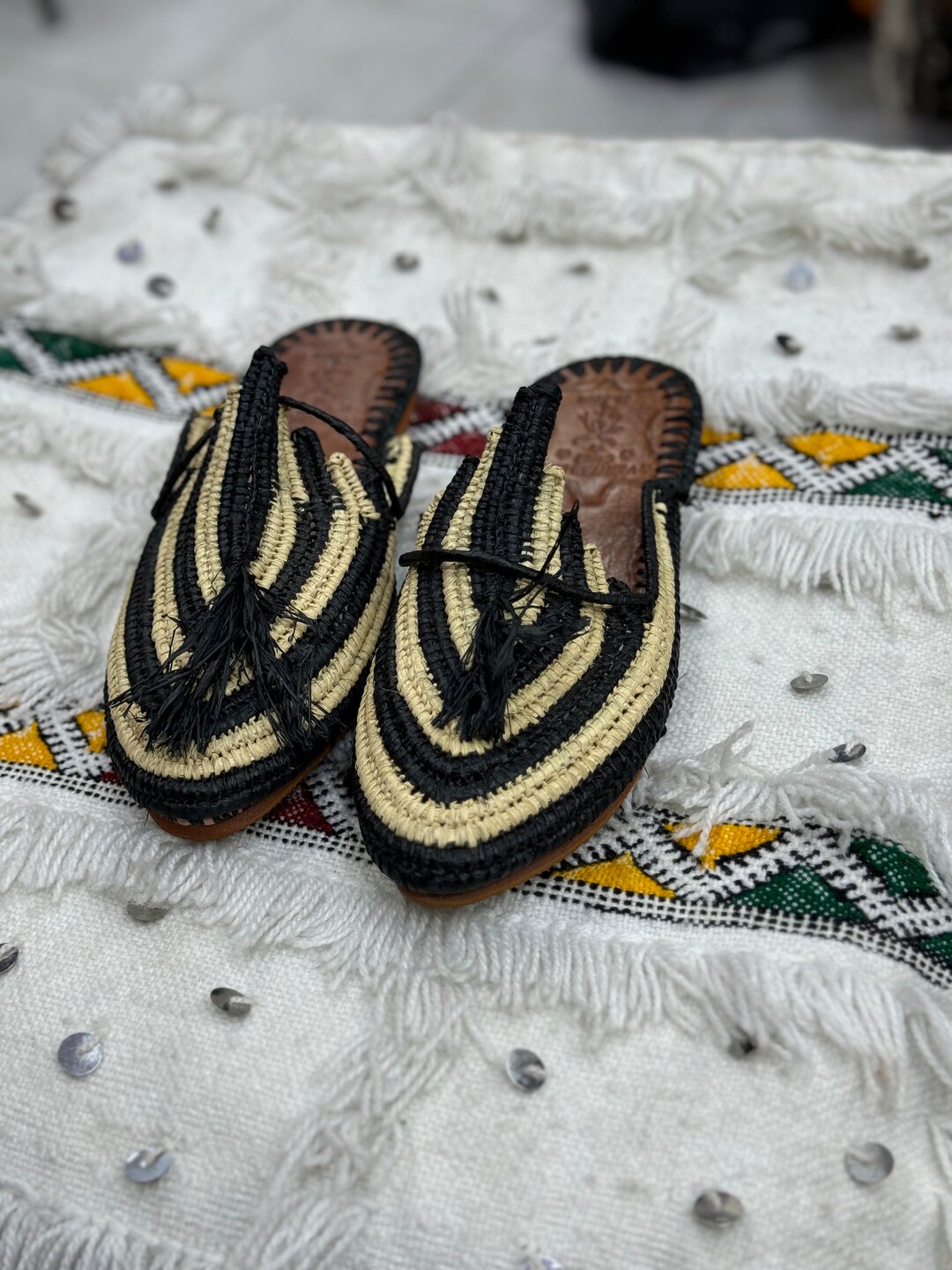 Natural Raffia Sandals, Raffia Mules, Handmade Moroccan Slippers ...