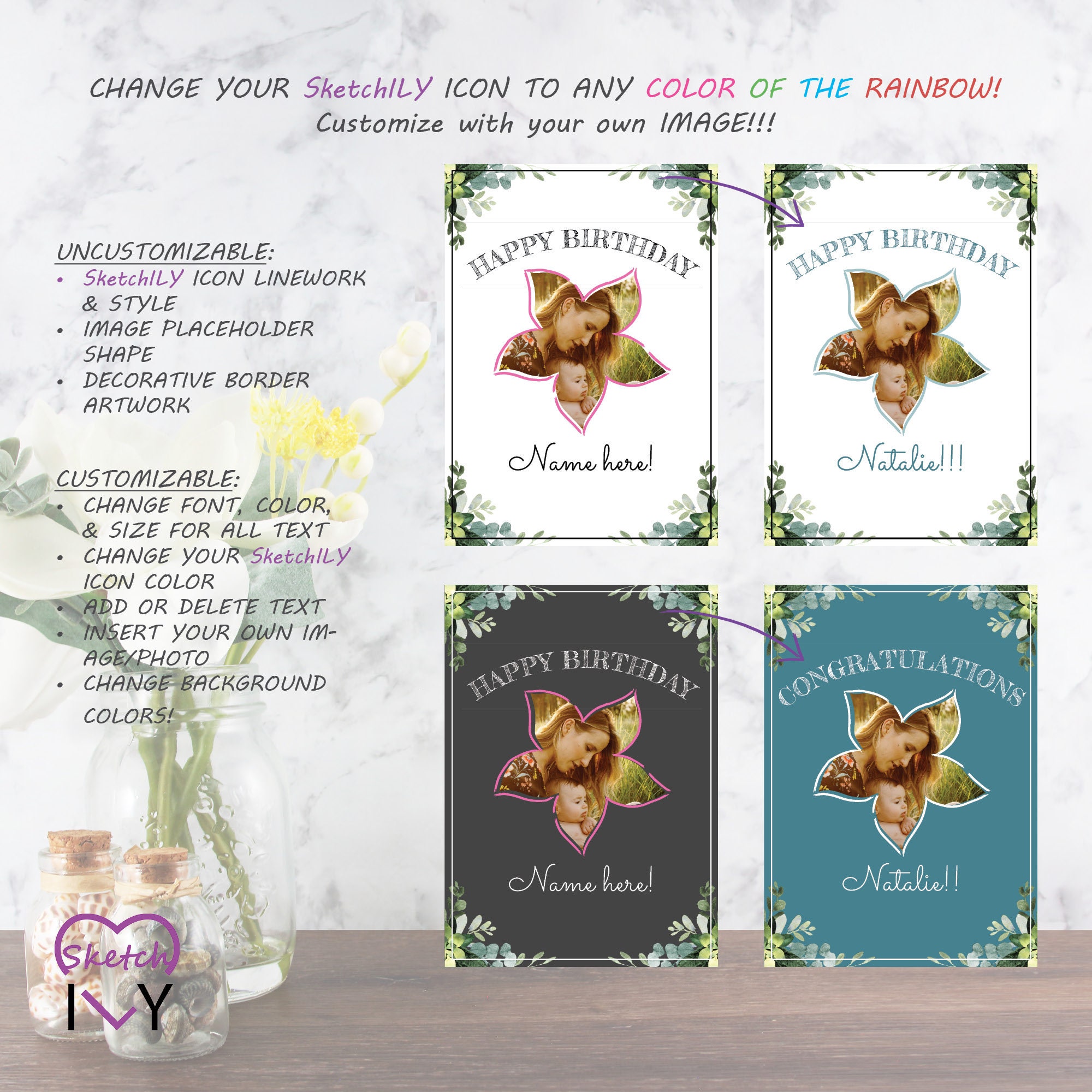 Star Flower Nature S01A - Customizable Digital Card Template - Birthday ...