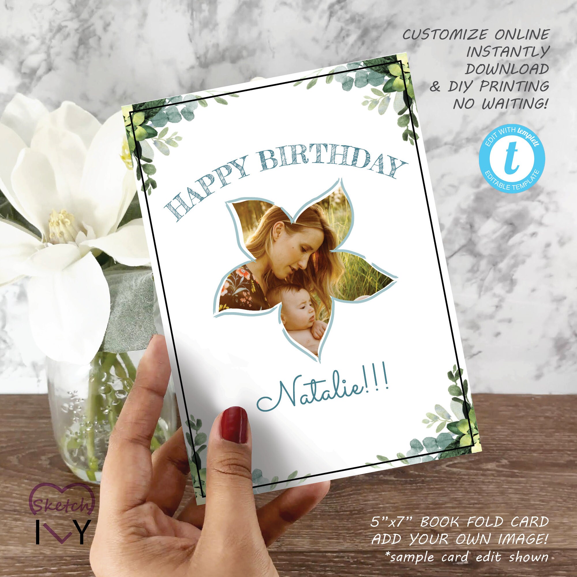 Star Flower Nature S01A - Customizable Digital Card Template - Birthday ...