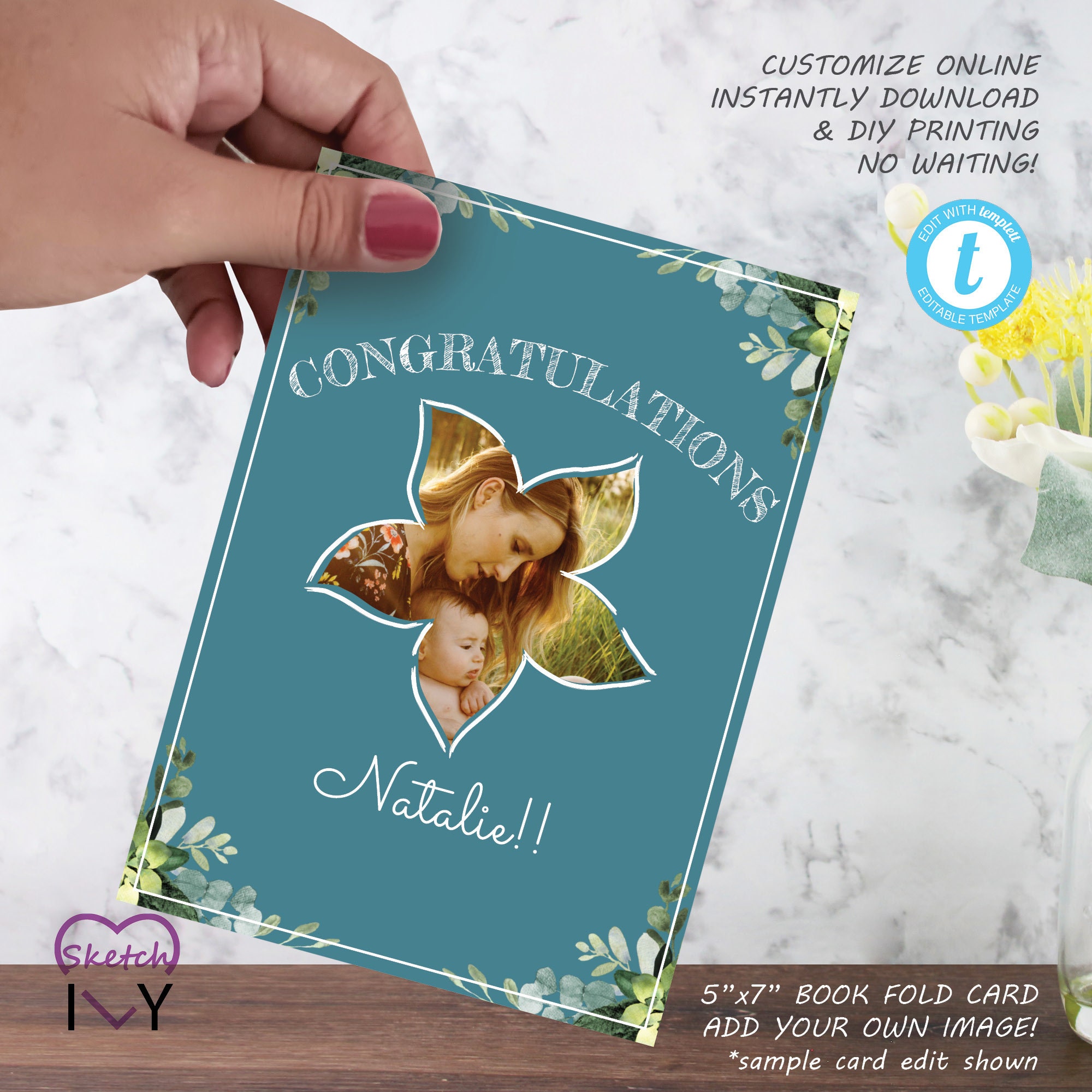 Star Flower Nature S01A - Customizable Digital Card Template - Birthday ...