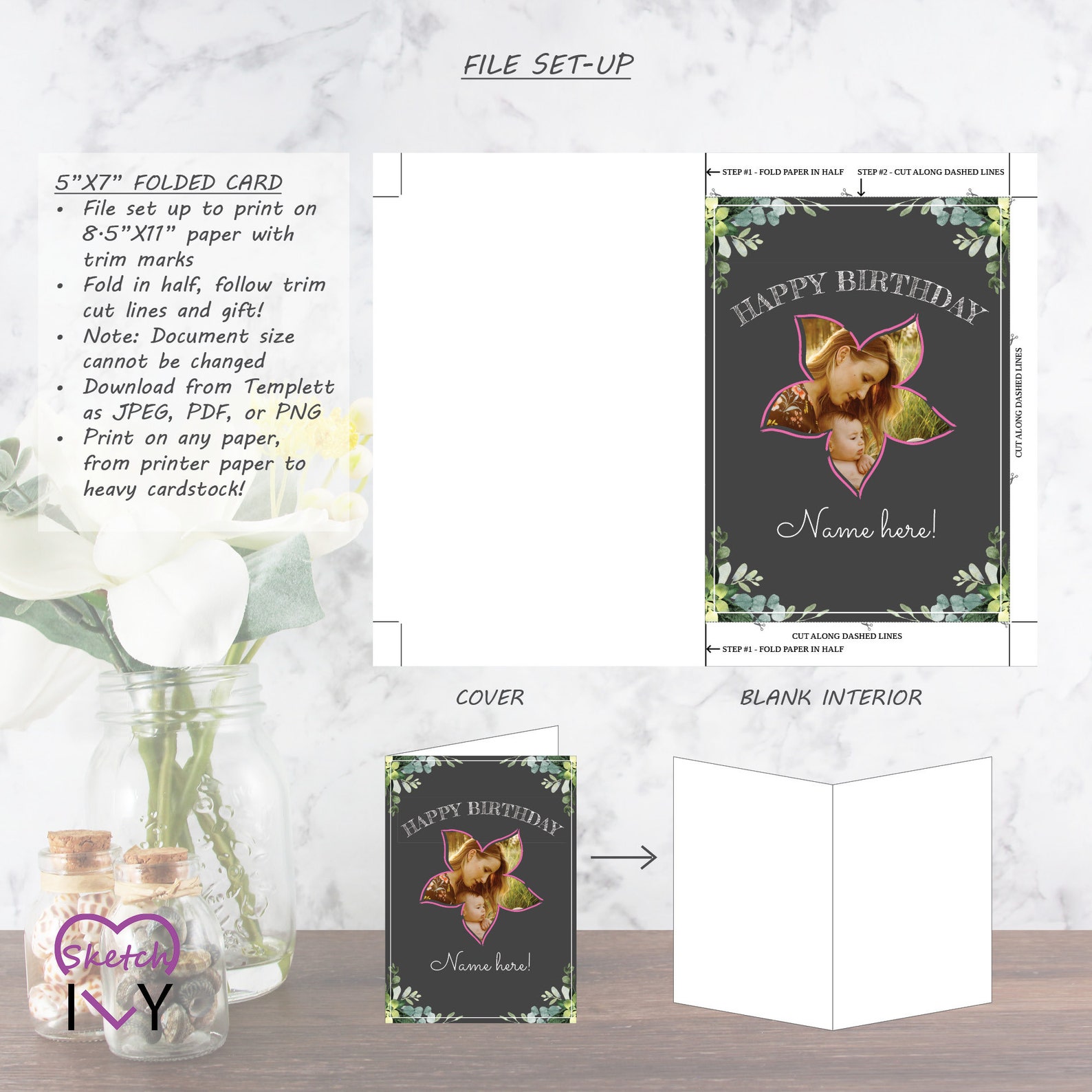 Star Flower Nature S01A - Customizable Digital Card Template - Birthday ...