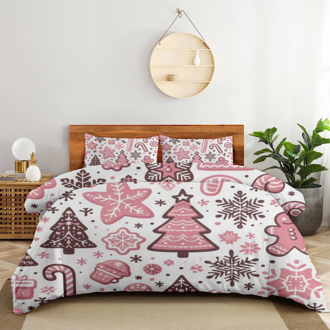 Pink Christmas Decoration Duvet Cover Set, Holiday Bedding, Festive ...