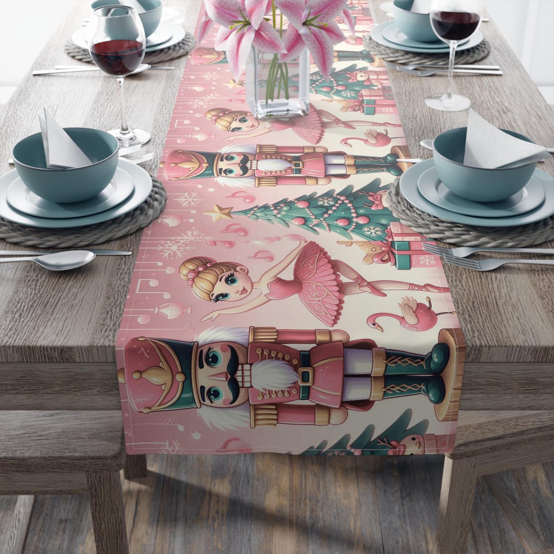 Christmas Nutcracker Table Runner, Holiday Dining Decor, Pink Table ...