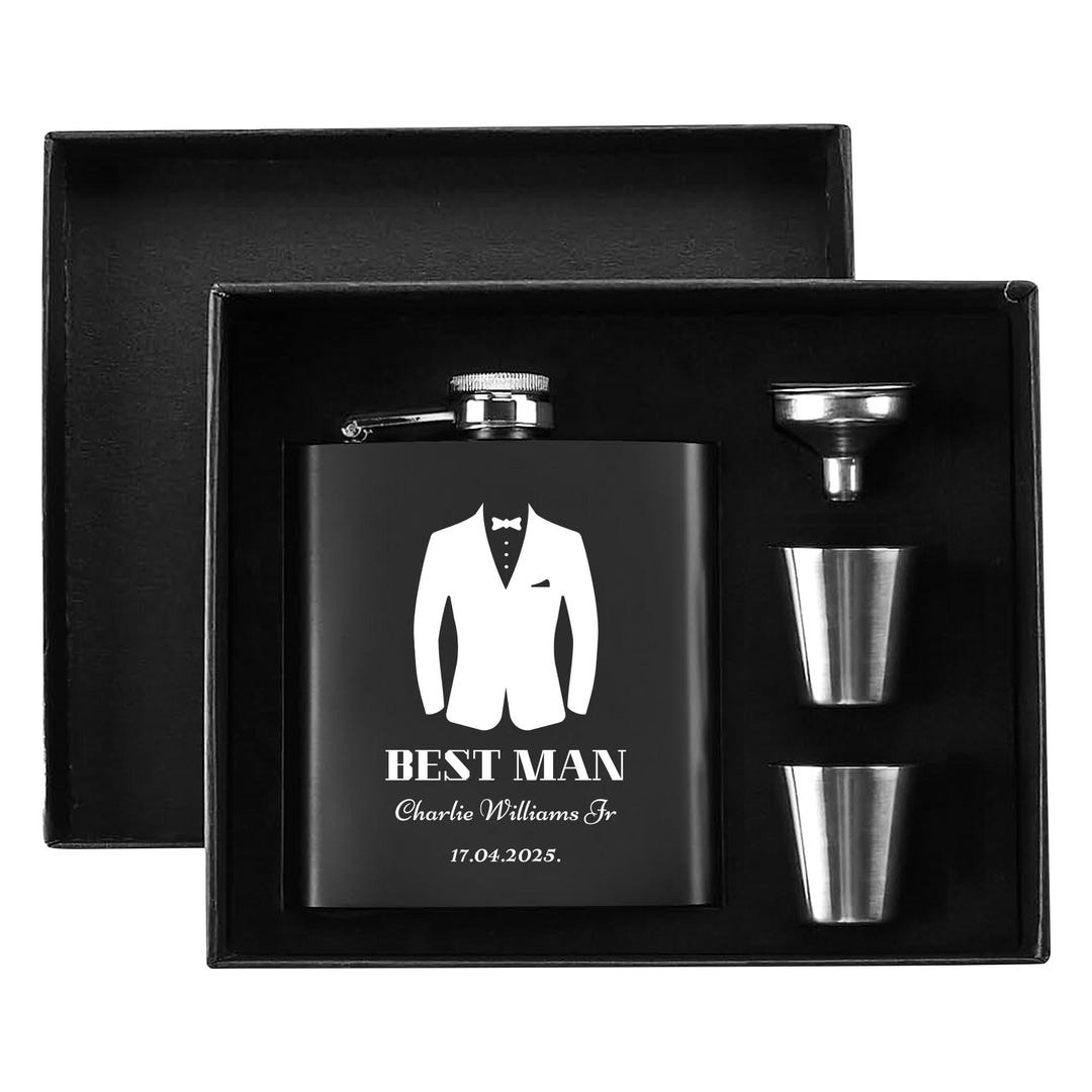 Personalized Best Man Flask Set 7oz Black Stainless Steel, Custom ...