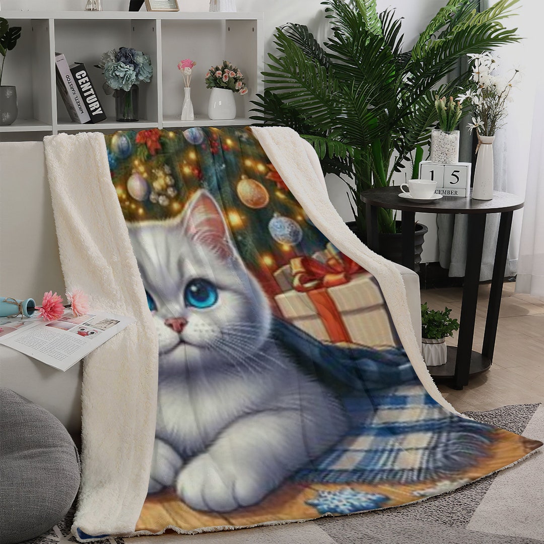 White Cat Decor Cozy Blanket, Christmas Throw, Holiday Gift Idea, Cat ...