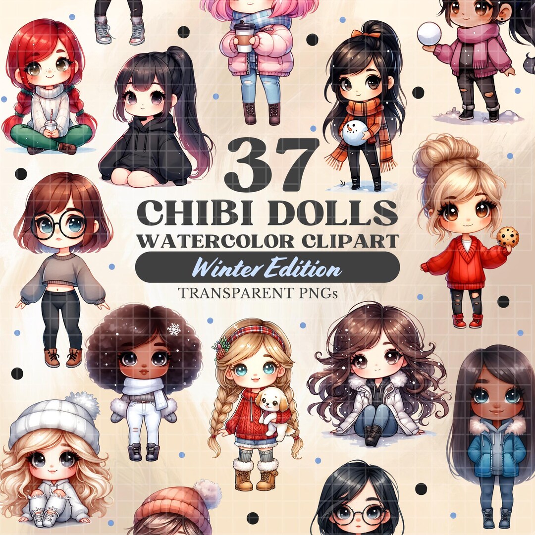 Chibi Clipart Set of 37, Winter Edition, Watercolor Cute Kawaii Anime ...