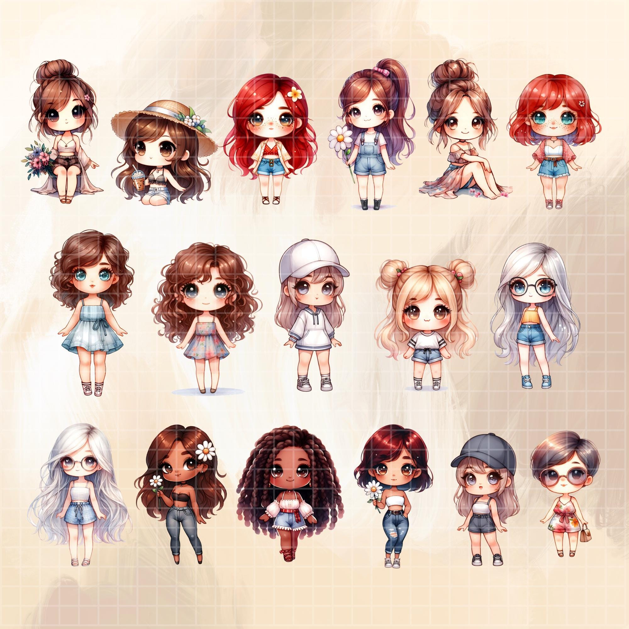 Chibi Clipart Set of 35, Summer Edition, Watercolor Cute Kawaii Anime ...