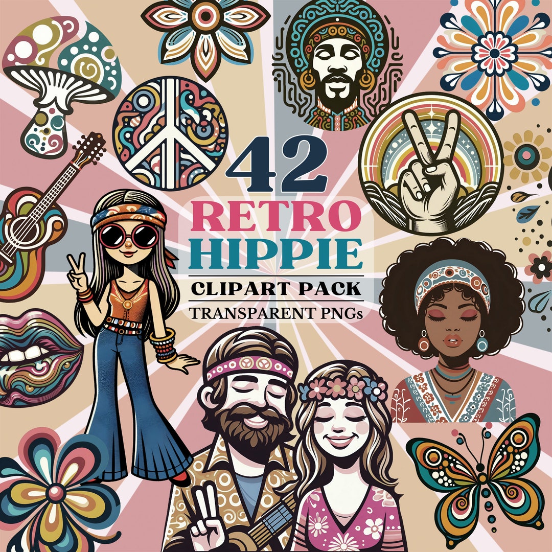 Retro Clipart Bundle, Groovy Png Hippie Clipart Set, Boho Good Vibes Png, Vintage Png, Mushroom ...