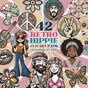 Retro Clipart Bundle, Groovy Png Hippie Clipart Set, Boho Good Vibes ...