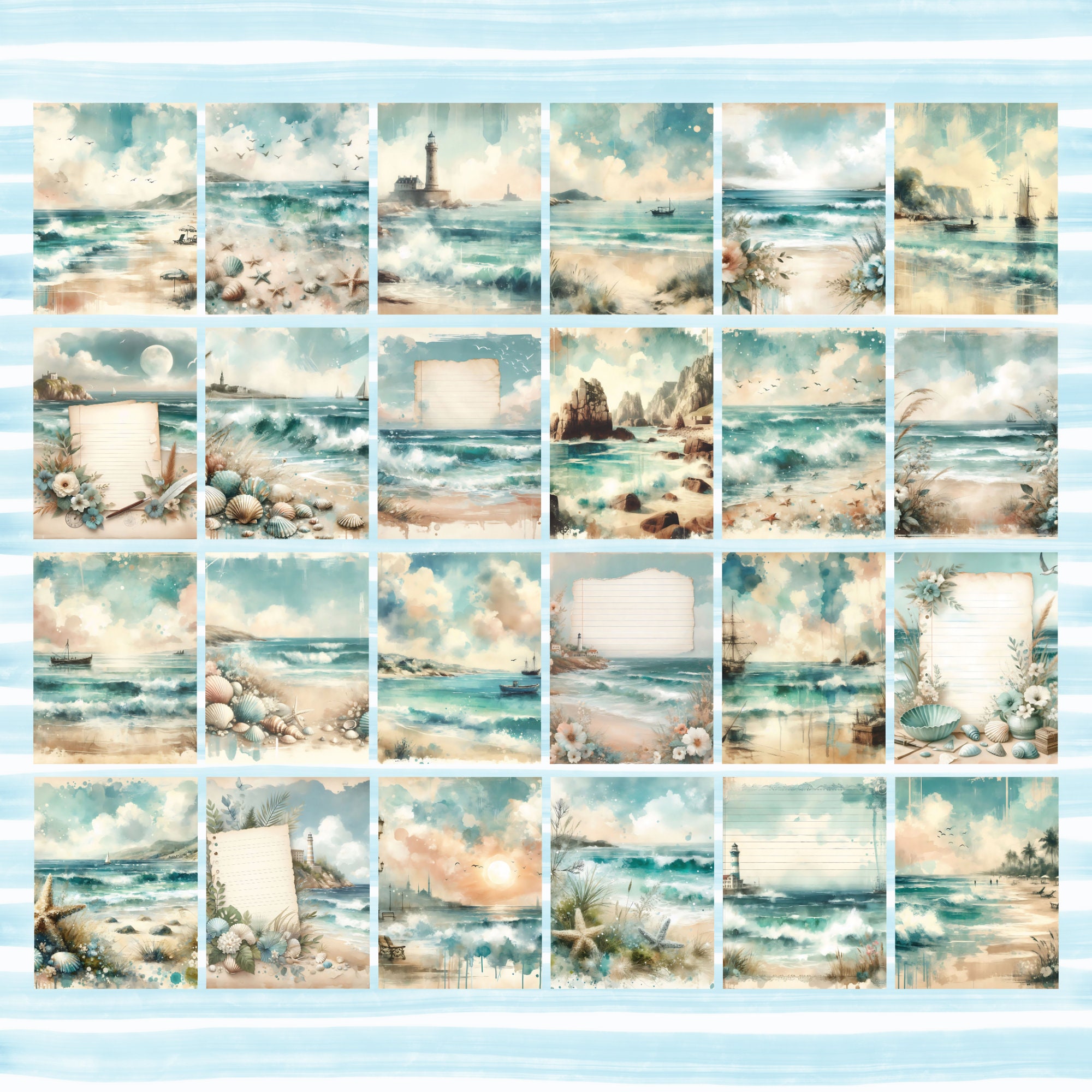 Ocean Blue Watercolor Junk Journal Papers, Shabby Chic Seaside ...