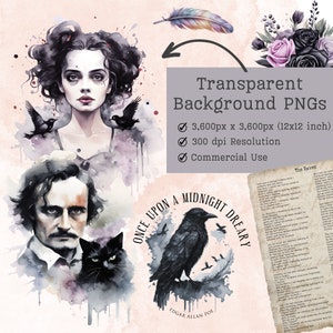 Edgar Allan Poe Watercolor Clipart Set, Nevermore, Vintage Halloween ...