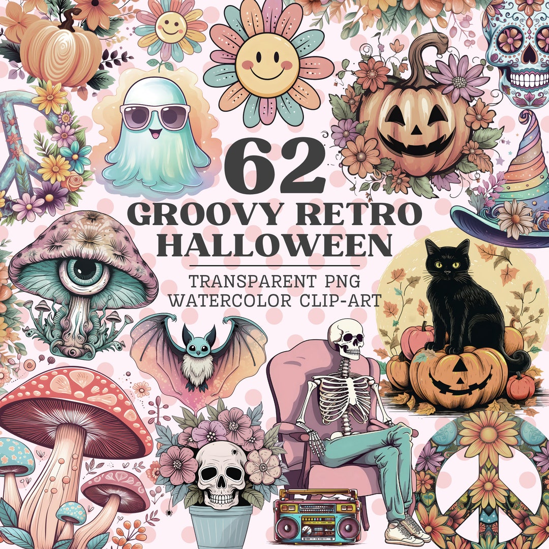 Groovy Retro Hippie Halloween Clipart Set, Watercolor Transparent Pngs ...
