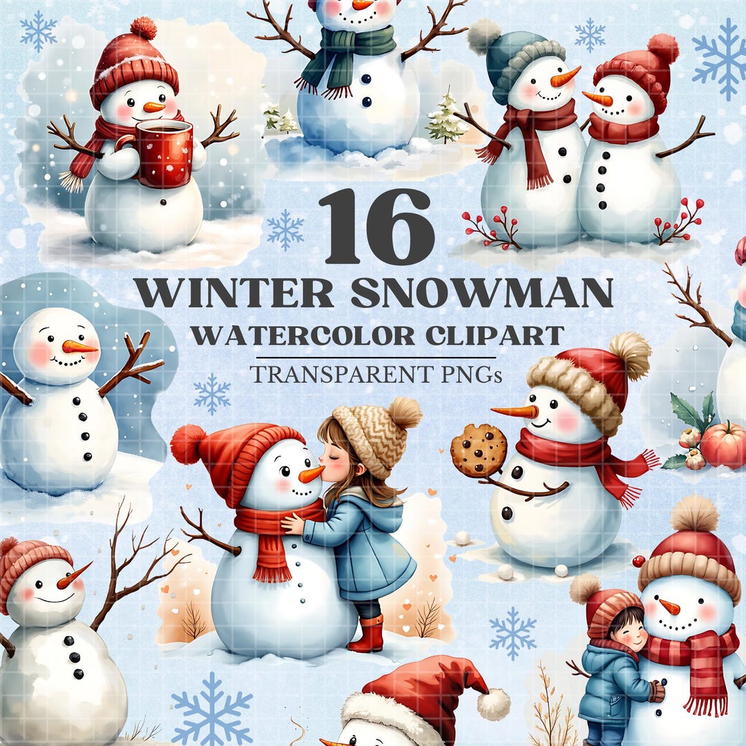 Watercolor Snowman Clipart, Set of 16, Cute Christmas Clipart ...