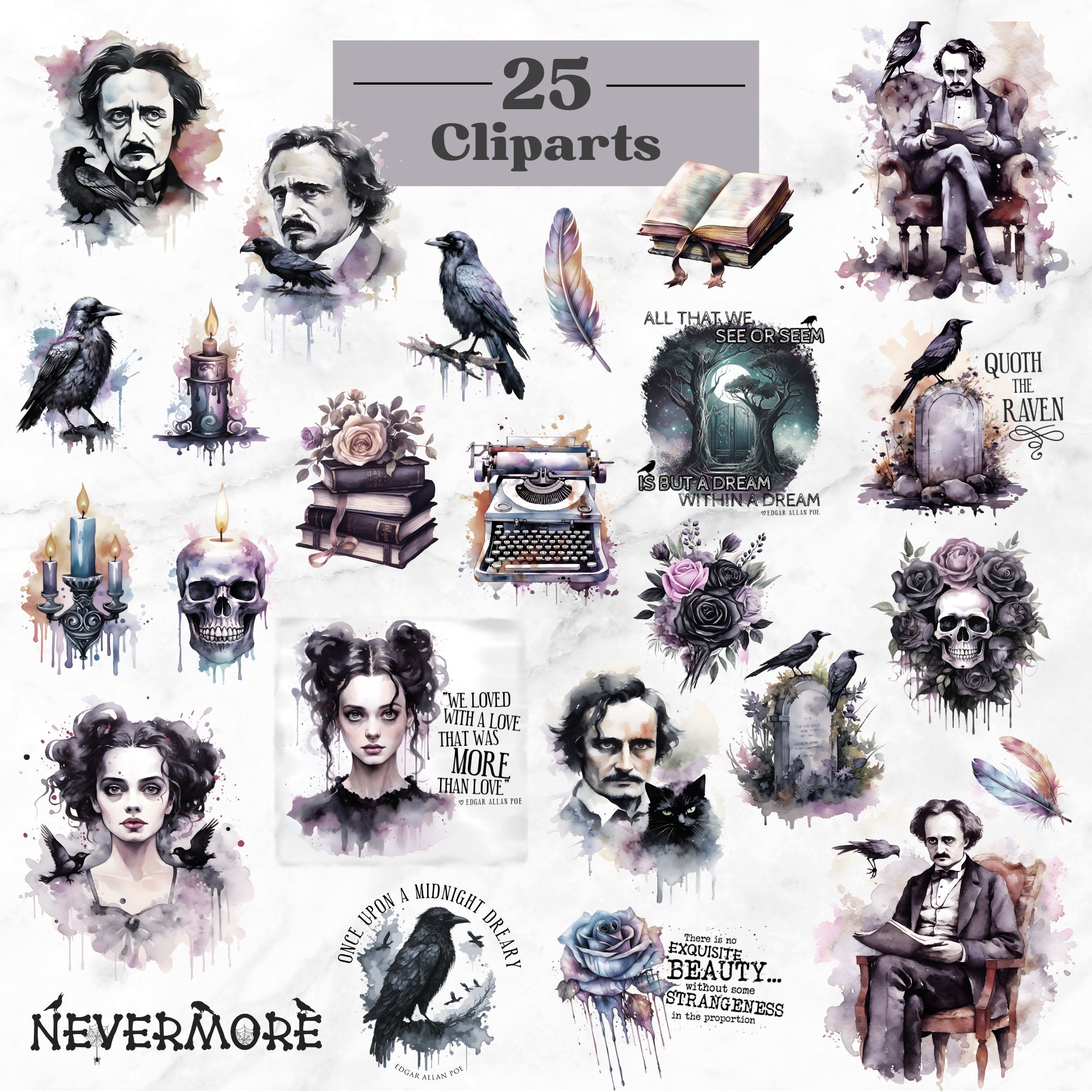 Edgar Allan Poe Watercolor Clipart Set Nevermore Vintage - Etsy