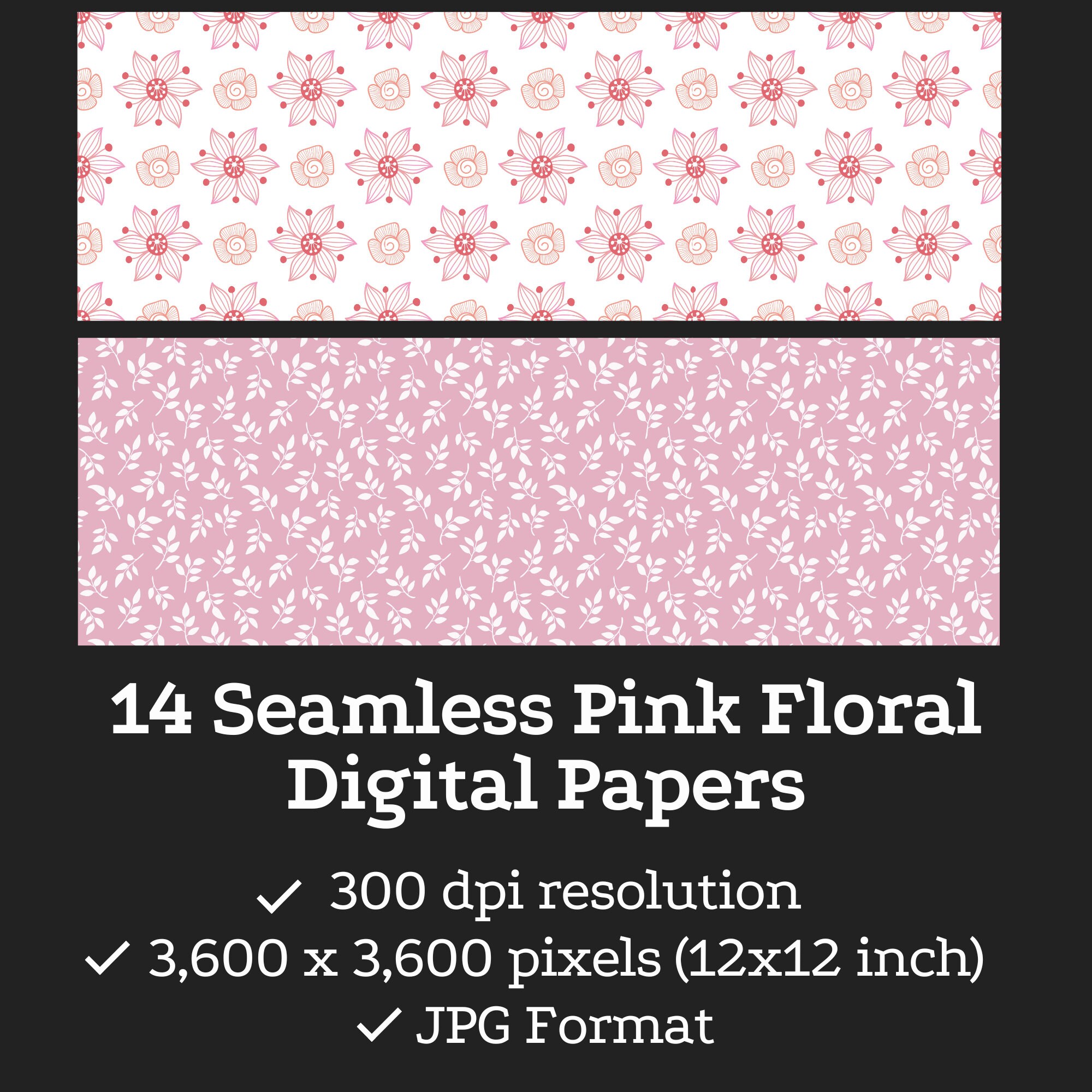 Pink Floral Digital Paper Pack, Seamless Patterns, Scrapbook Papers ...