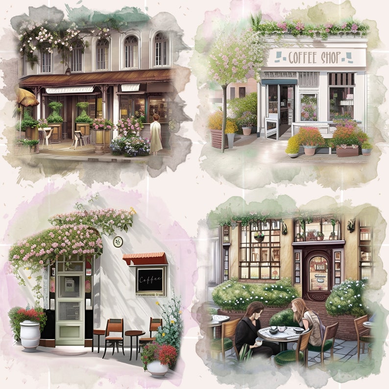 Spring Coffee Shop Clipart Romantic French Cafe Spring Cafe - Etsy