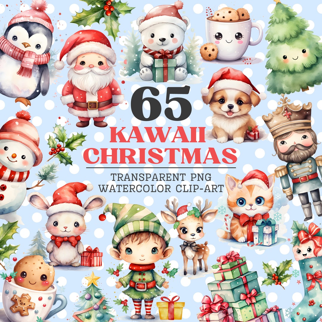 Cute Kawaii Christmas Clipart Set of 65, Watercolor Clipart Bundle ...