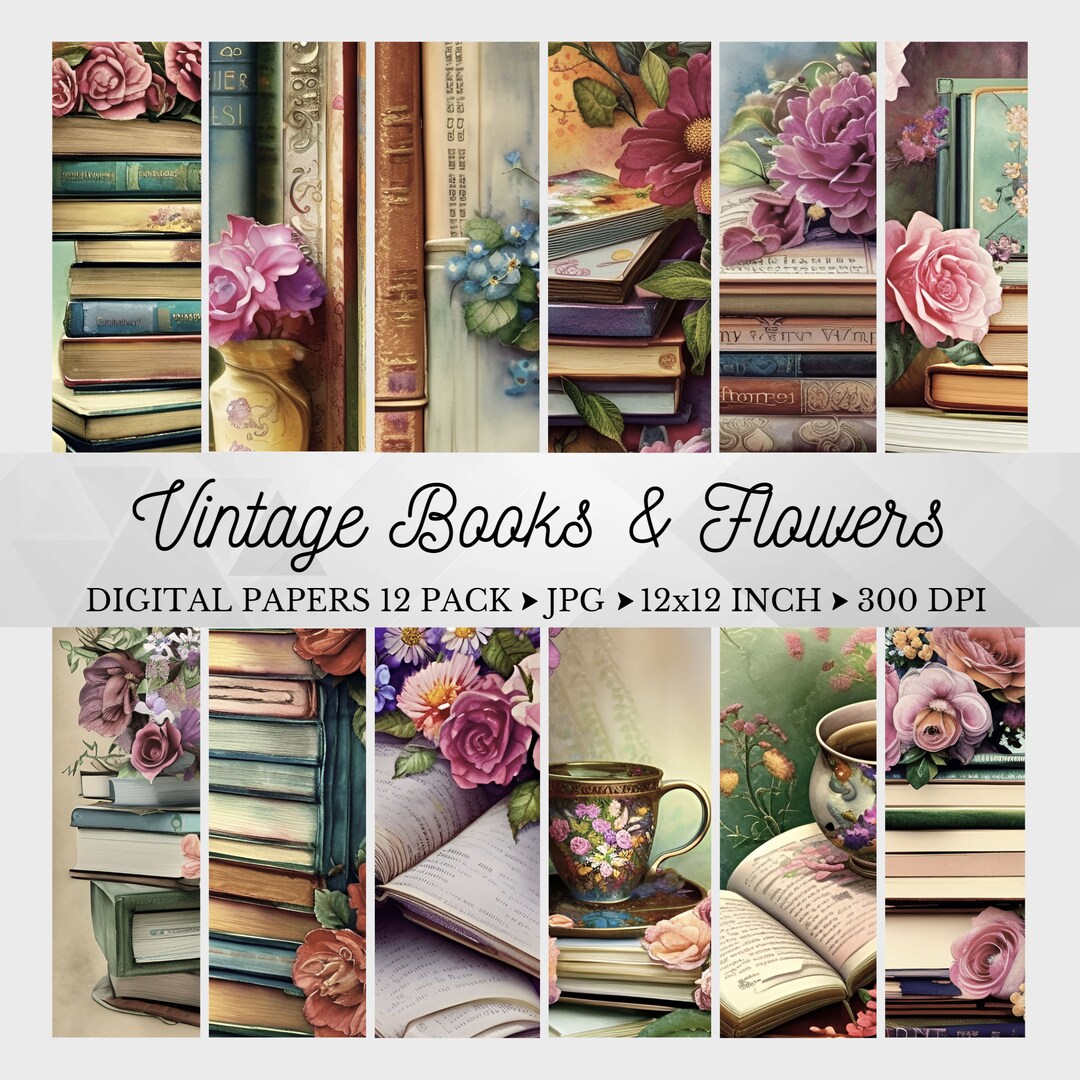 Books and Flowers Digital Paper, Bookish Papers, Booklover Digital ...