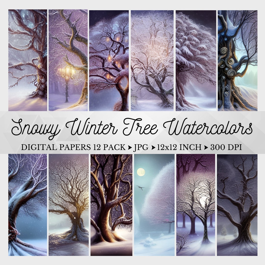 Winter Trees Digital Paper, Snowy Winter Tree Watercolors, Snow ...