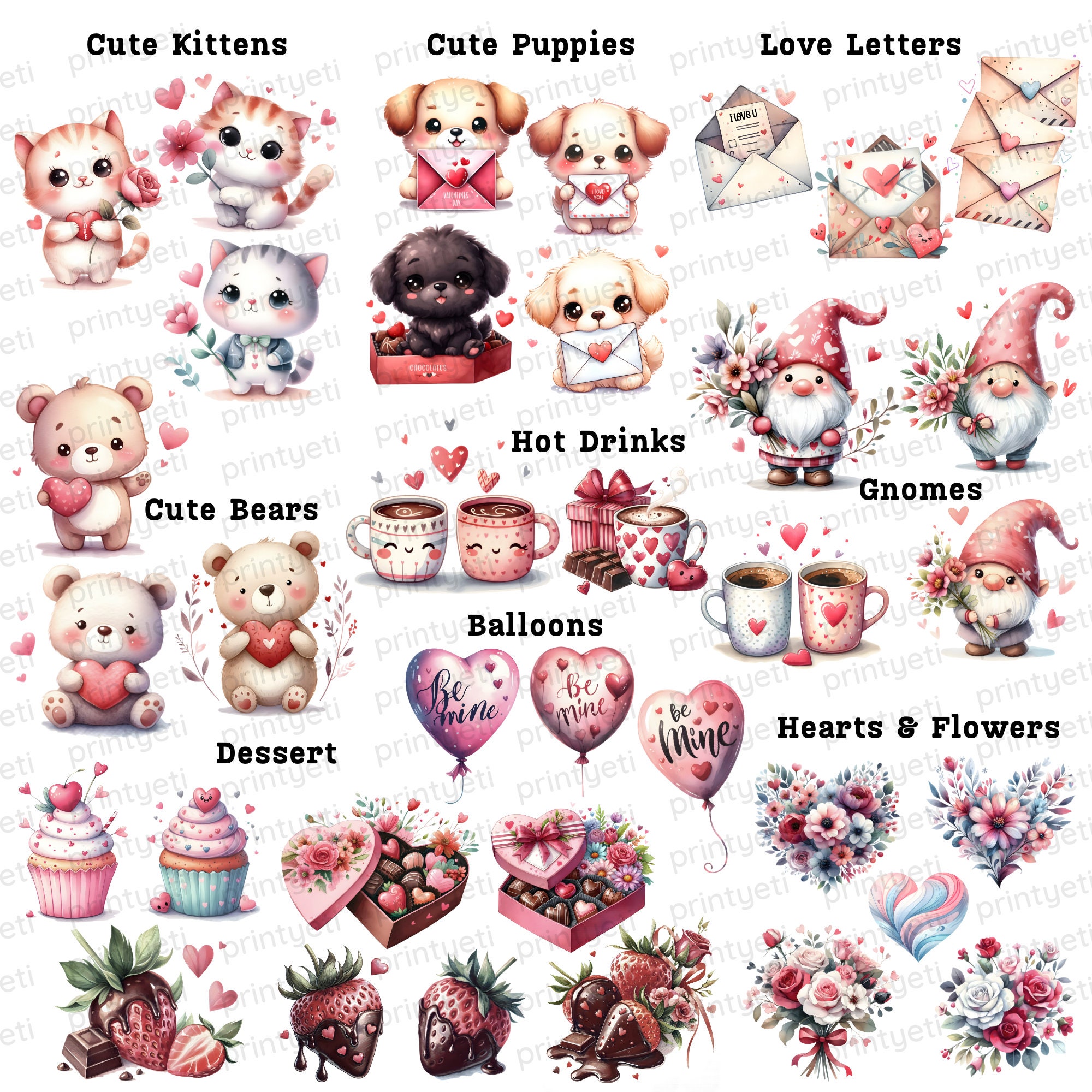 Cute Kawaii Valentine's Day Clipart Set of 35, Watercolor Clipart ...