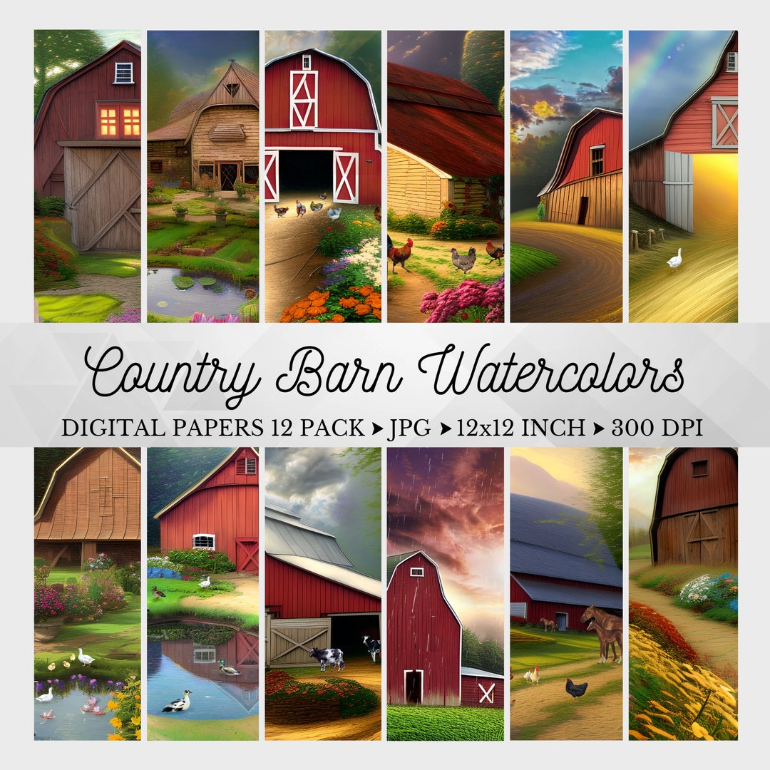 Country Barn Digital Paper, Barn With Chickens, Barn Watercolors ...