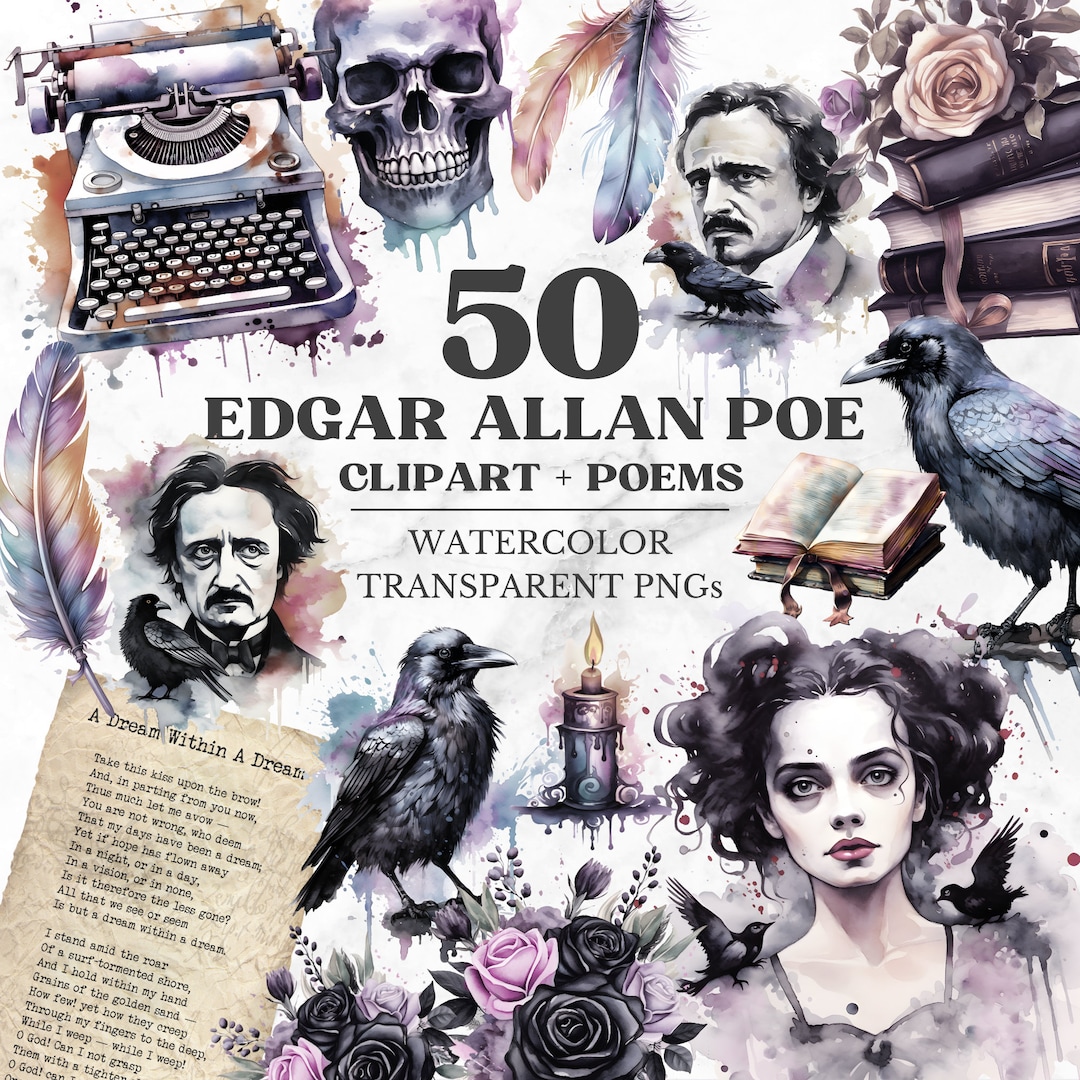 Edgar Allan Poe Watercolor Clipart Set, Nevermore, Vintage Halloween ...