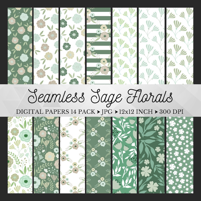 Sage Green Floral Digital Paper Pack, Seamless Patterns, Scrapbook ...