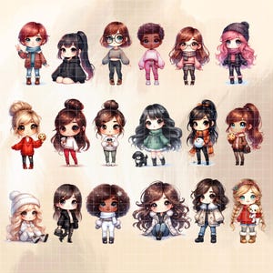 Chibi Clipart Set of 37, Winter Edition, Watercolor Cute Kawaii Anime ...