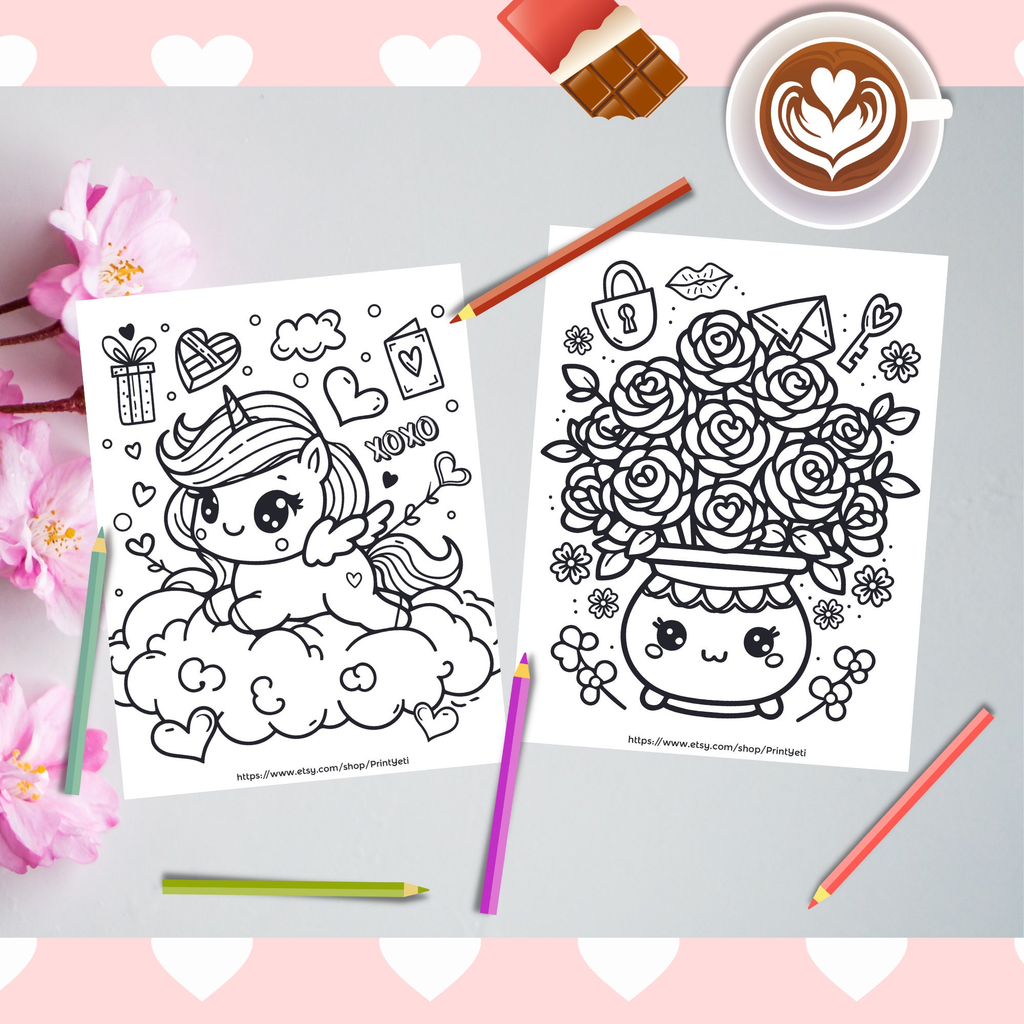 Kawaii Valentine's Coloring Pages, 60 Pages, Cute Coloring, Cute Kawaii ...